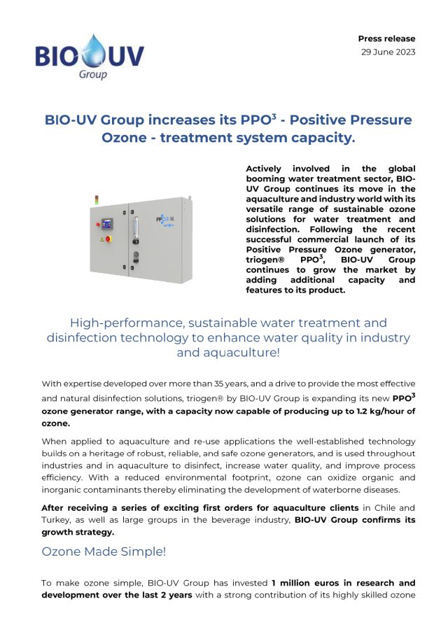 BIO-UV Group increases its PPO3 - Positive Pressure Ozone - treatment system capacity | BIO-UV