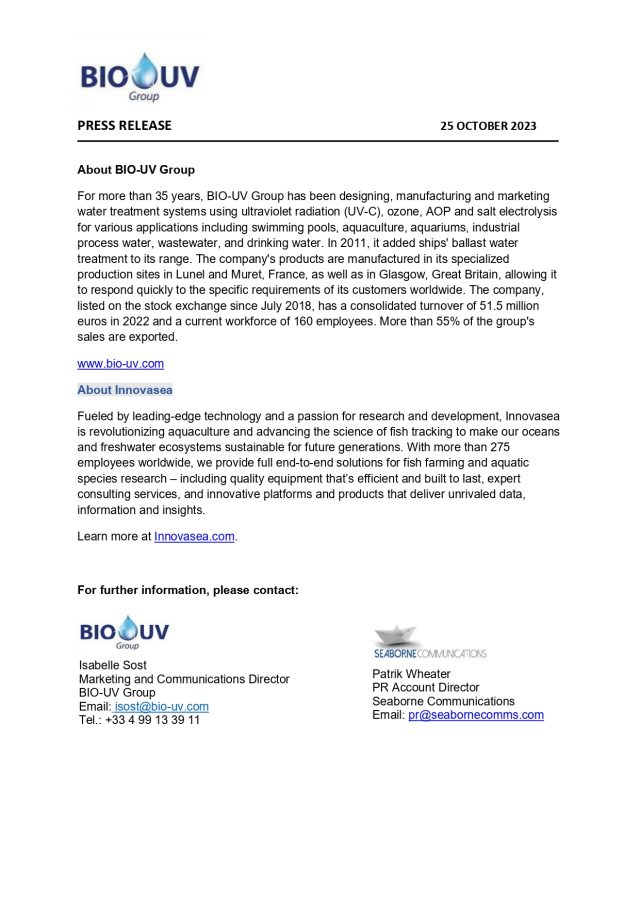 BIO-UV GROUP SIGNS NEW MULTINATIONAL AGREEMENT WITH INNOVASEA | BIO-UV